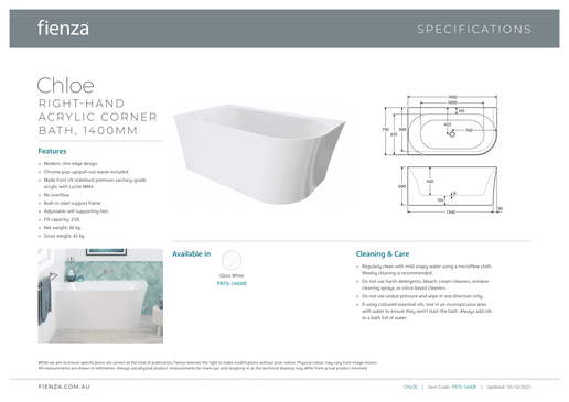 CHLOE 1400 Acrylic Corner Bath Right Hand Gloss White 1400 x 750 x 600 ...