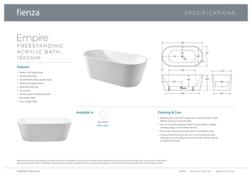 Empire 1500 Freestanding 1500x750x600. - Gia's Bathrooms and Tiles